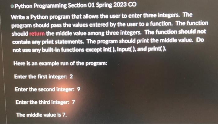 Solved - Python Programming Section 01 Spring 2023 CO Write | Chegg.com