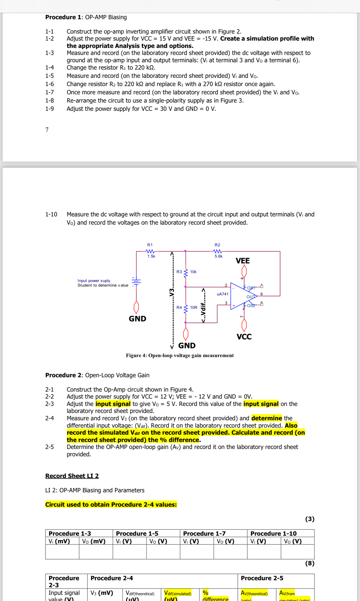 Procedure 1: OP-AMP Biasing1-1 ﻿Construct the op-amp | Chegg.com