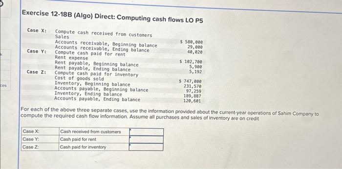 Solved Exercise 12-18B (Algo) Direct: Computing cash flows | Chegg.com
