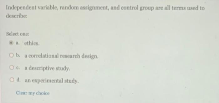 Solved Independent variable, random assignment, and control | Chegg.com
