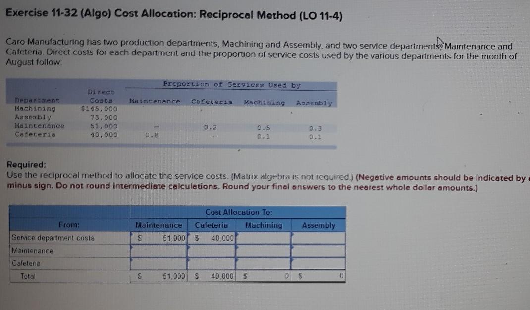 Solved Exercise 11-32 (Algo) Cost Allocation: Reciprocal | Chegg.com