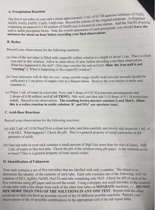A. Precipitation Reactions The first 6 test tubes in | Chegg.com