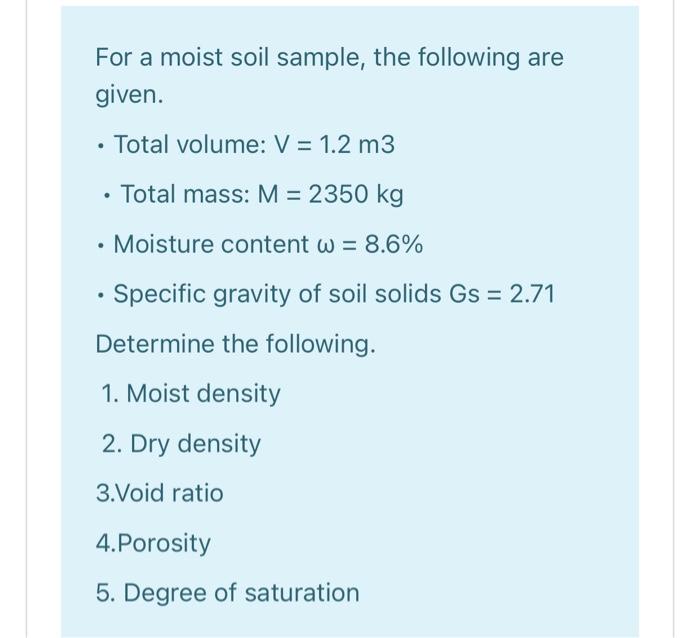 Solved For a moist soil sample, the following are given. • | Chegg.com