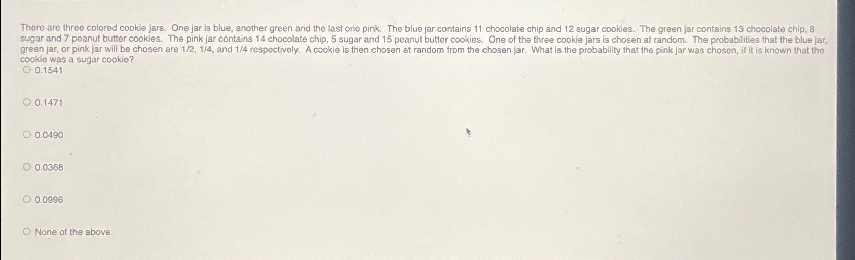 Solved There are three colored cookie jars. One jar is blue, | Chegg.com