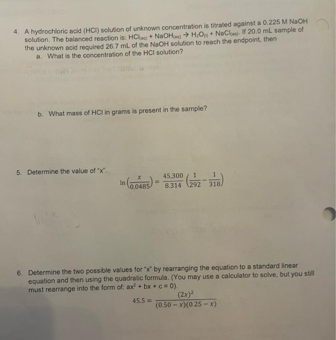 Solved 4. A hydrochloric acid (HCl) solution of unknown | Chegg.com