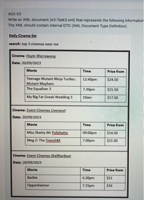 Solved AO3−03 Write an XML document ( A3−Task3.xml) that | Chegg.com
