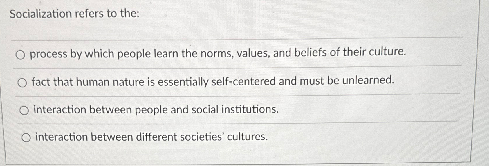 Solved Socialization refers to the:process by which people | Chegg.com