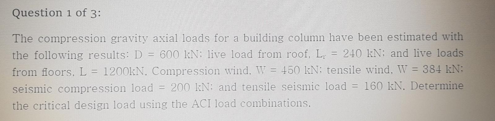 Solved Question 1 of 3: The compression gravity axial loads | Chegg.com