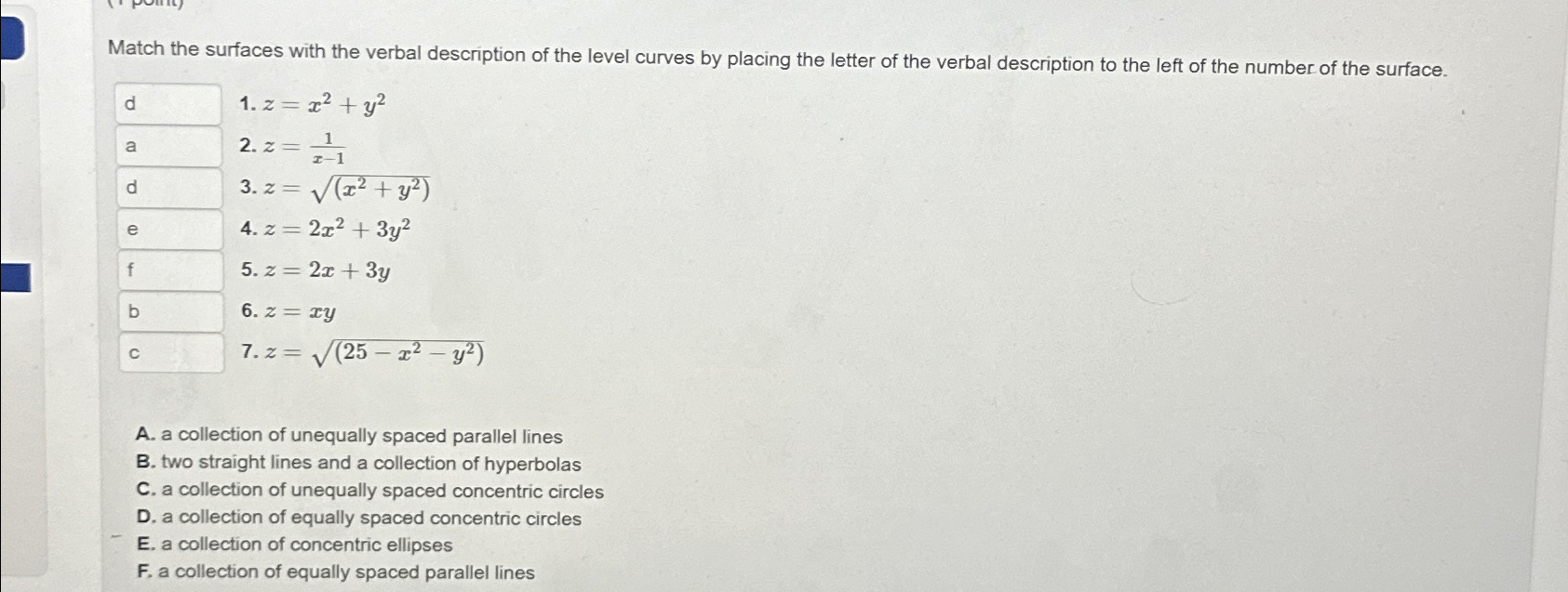 Solved Match the surfaces with the verbal description of the | Chegg.com