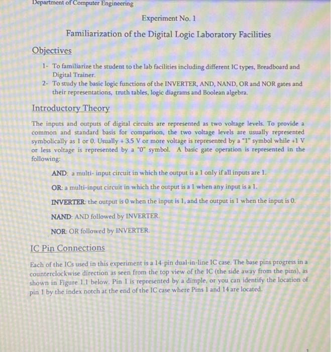 Solved Experiment No. 1 Familiarization of the Digital Logic | Chegg.com