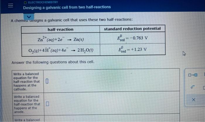 Solved O ELECTROCHEMISTRY = Designing a galvanic cell from | Chegg.com