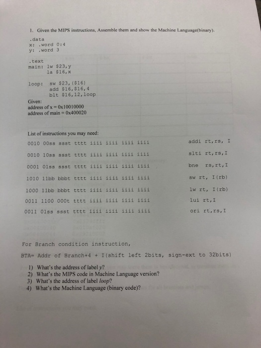 Address 8-bit 2. Given this MIPS machine language | Chegg.com