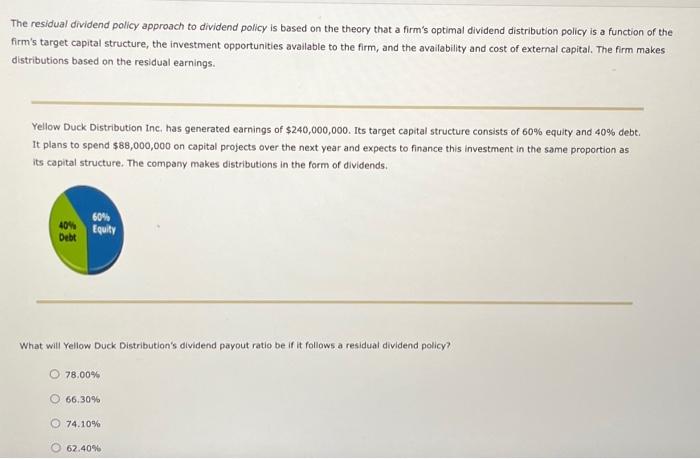 Solved The residual dividend policy approach to dividend | Chegg.com