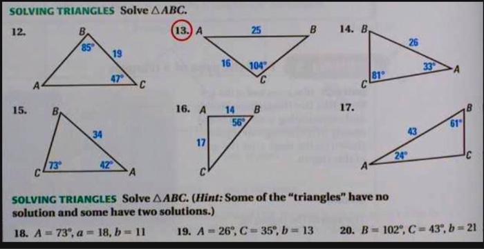 Solved SOLVING TRIANGLES Solve ABC. 12. (13.) 14. 15. 16. | Chegg.com