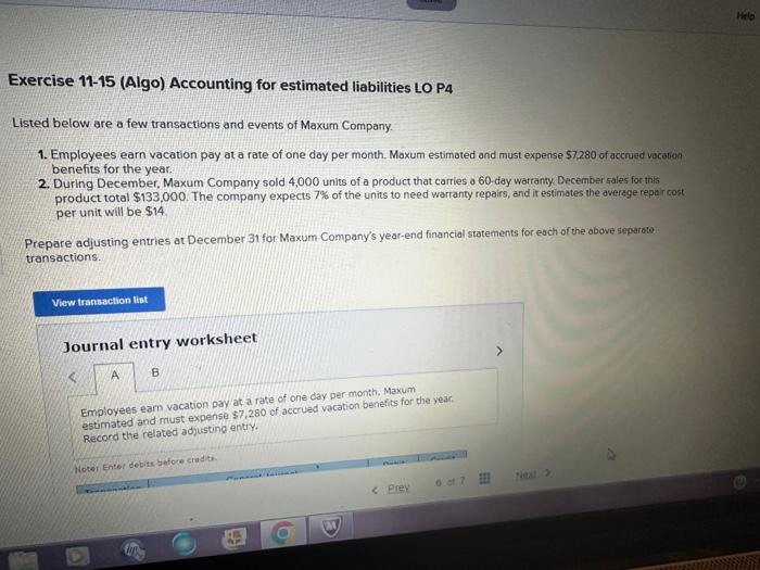 Solved Exercise 11-15 (Algo) Accounting for estimated | Chegg.com