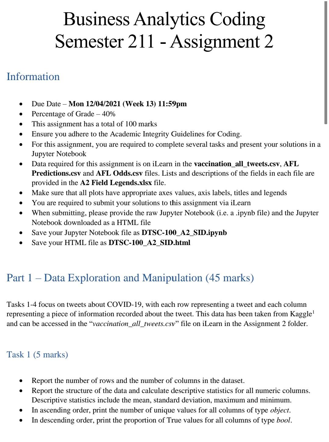 Business Analytics Coding Semester 211 - Assignment 2 | Chegg.com