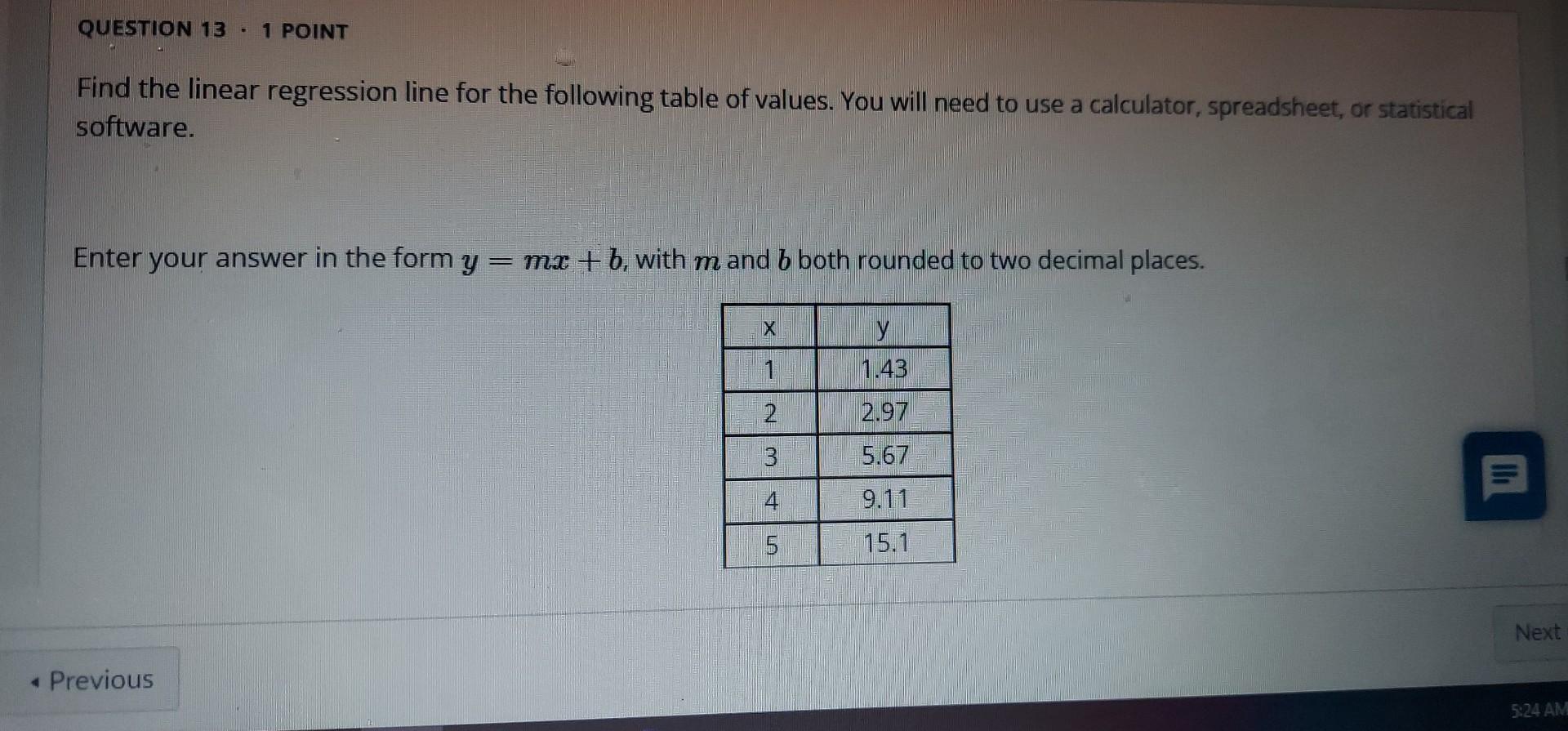 Solved Find the linear regression line for the following | Chegg.com