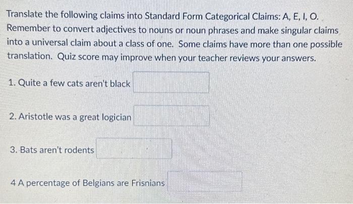 Translate the following claims into Standard Form | Chegg.com