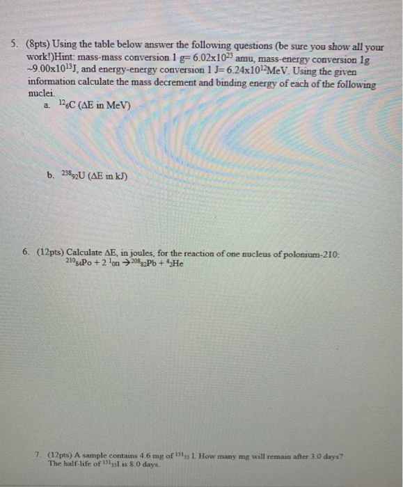 Solved 5. (8pts) Using the table below answer the following | Chegg.com