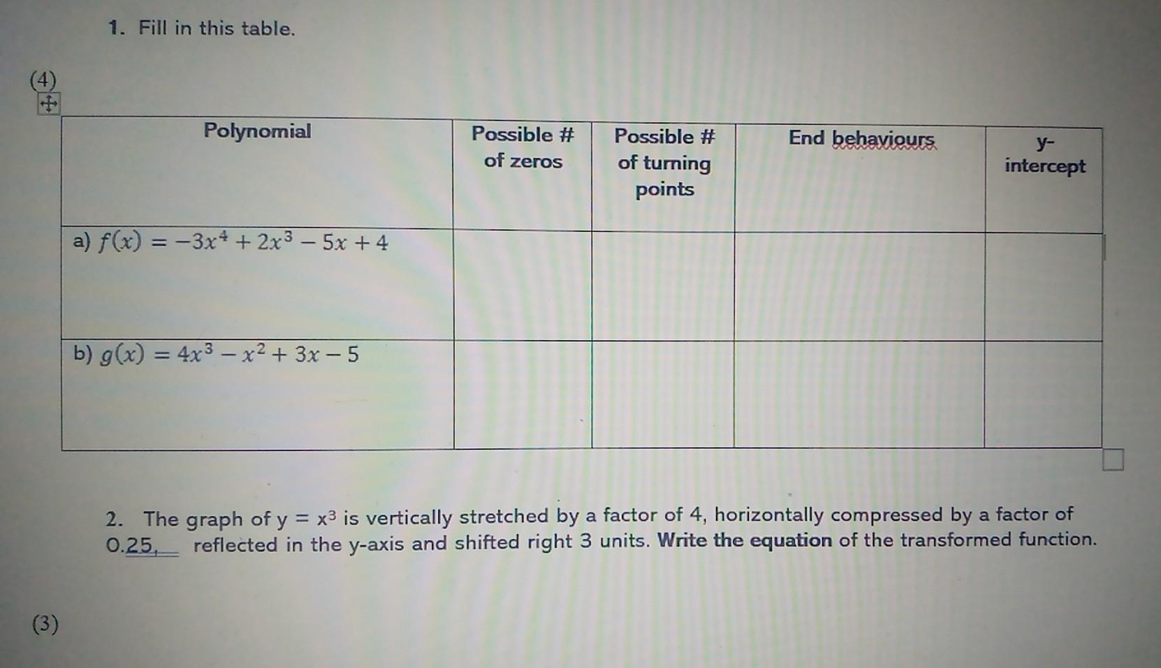 Solved 1. Fill in this table. 2. The graph of y=x3 is | Chegg.com