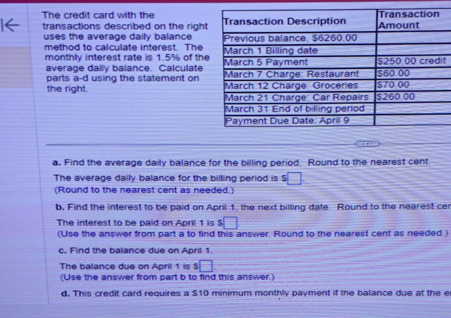 Solved The credit card with the transactions described on | Chegg.com
