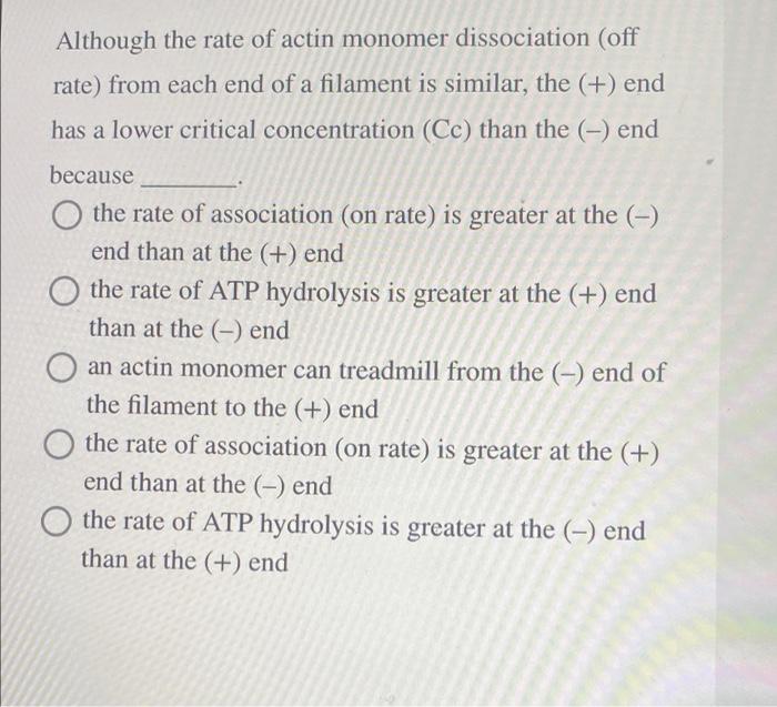 Solved Although the rate of actin monomer dissociation (off | Chegg.com