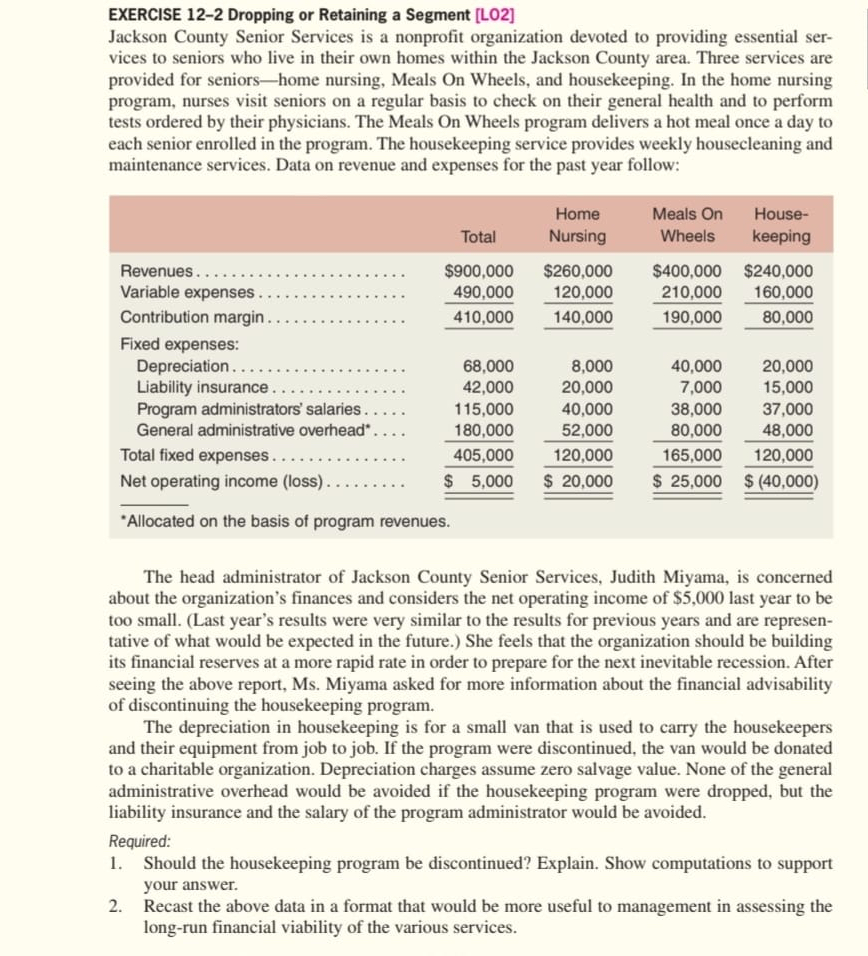 Solved EXERCISE 12-2 ﻿Dropping or Retaining a Segment | Chegg.com