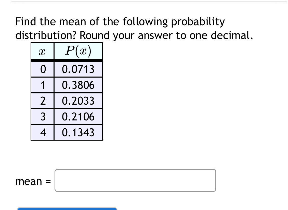 Solved Find the mean of the following probability | Chegg.com