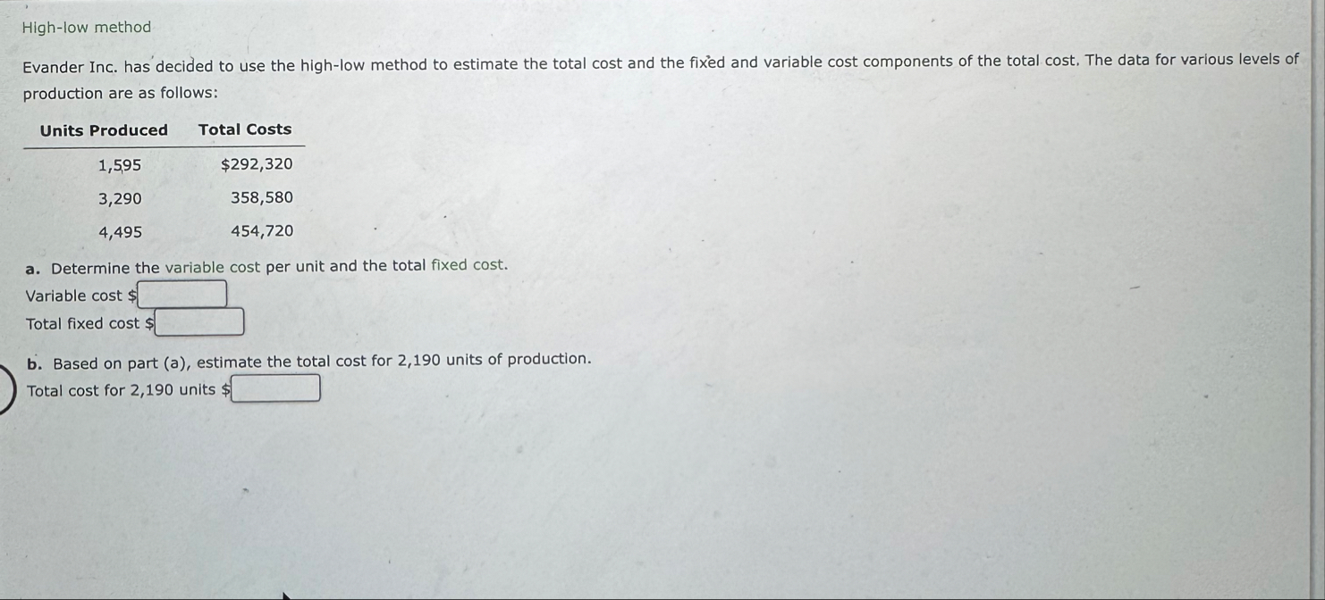 Solved High-low methodEvander Inc. has decided to use the | Chegg.com