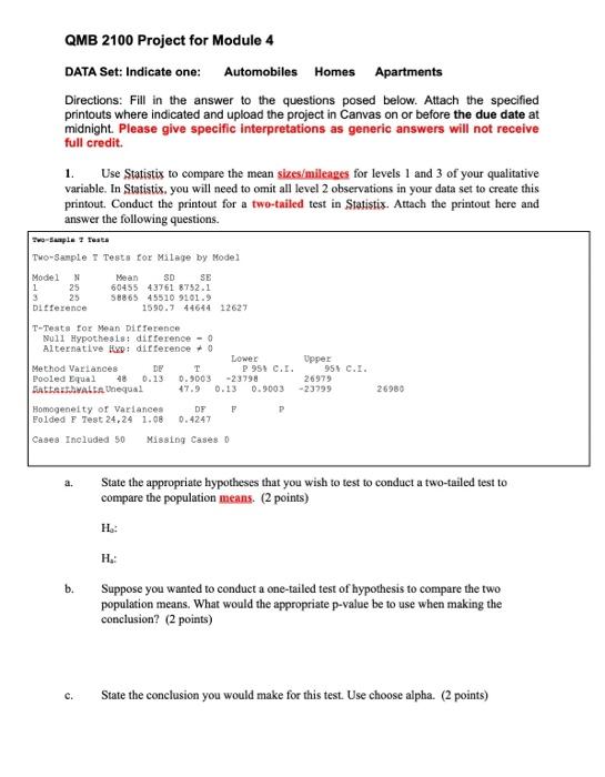 Solved 📚QMB 2100 P. for M. 4 DATA Set: Automobiles | Chegg.com