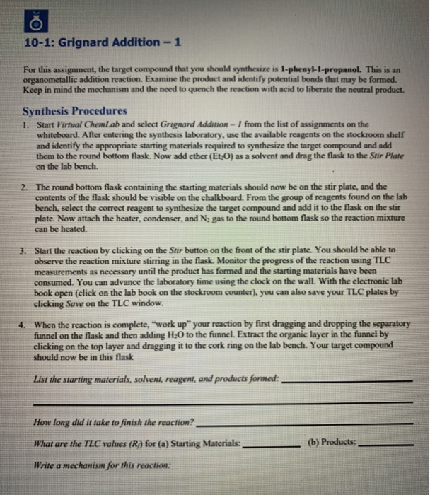 Solved 10-1: Grignard Addition - 1 For this assignment, the | Chegg.com