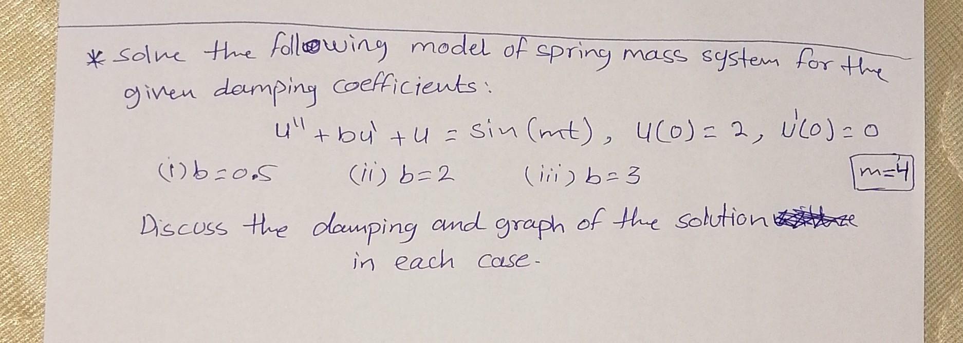 Solved * solne the follnwing model of spring mass system for | Chegg.com