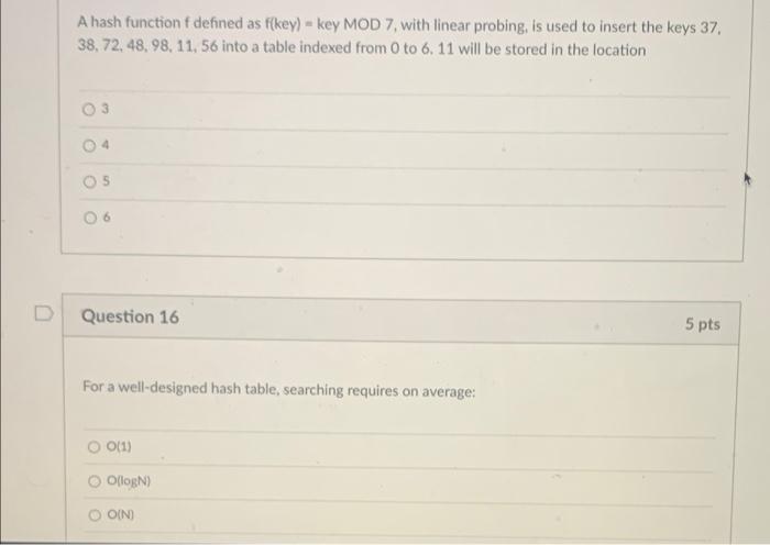 Solved D A hash function f defined as f(key)= key MOD 7, | Chegg.com