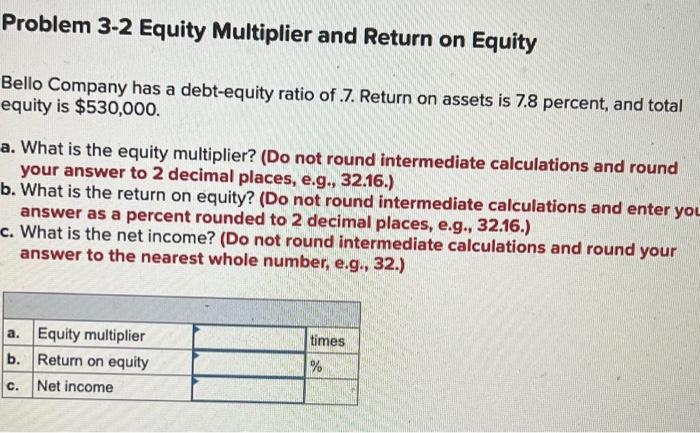 Solved Problem 3-2 Equity Multiplier and Return on Equity | Chegg.com