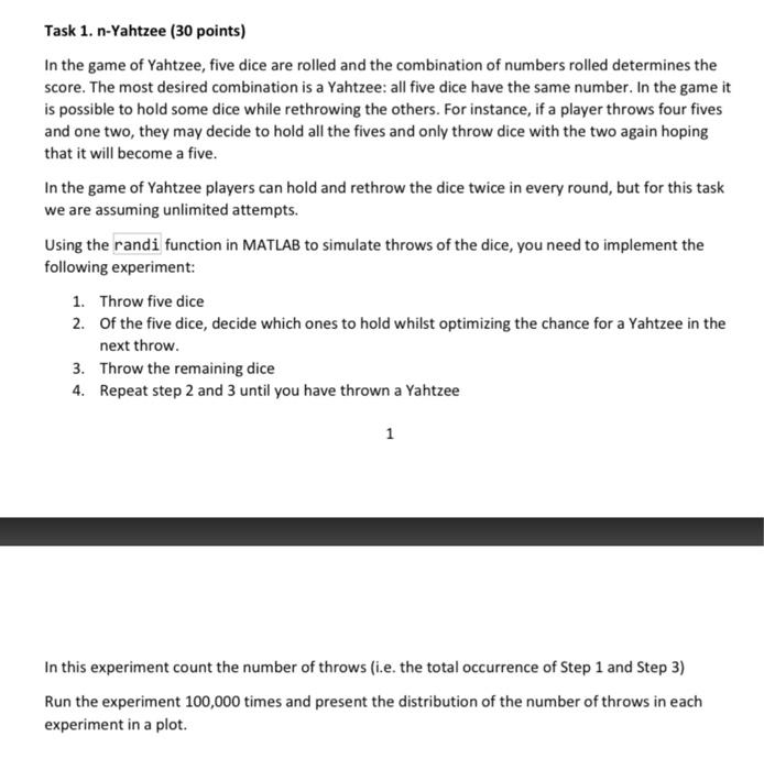 Solved Task 1. n-Yahtzee ( 30 points) In the game of | Chegg.com