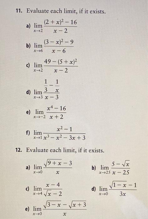 Solved 11. Evaluate each limit, if it exists. a) | Chegg.com