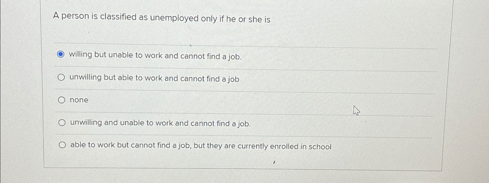 Solved A person is classified as unemployed only if he or | Chegg.com