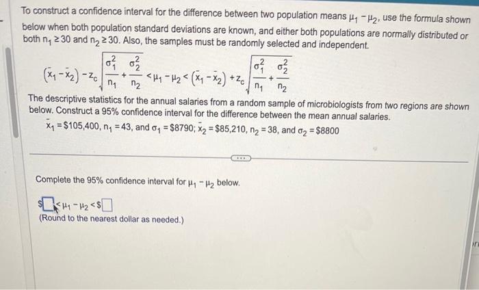 Solved To construct a confidence interval for the difference | Chegg.com