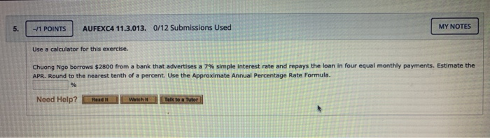 Solved 5. -/1 POINTS AUFEXC4 11.3.013.0/12 Submissions Used | Chegg.com