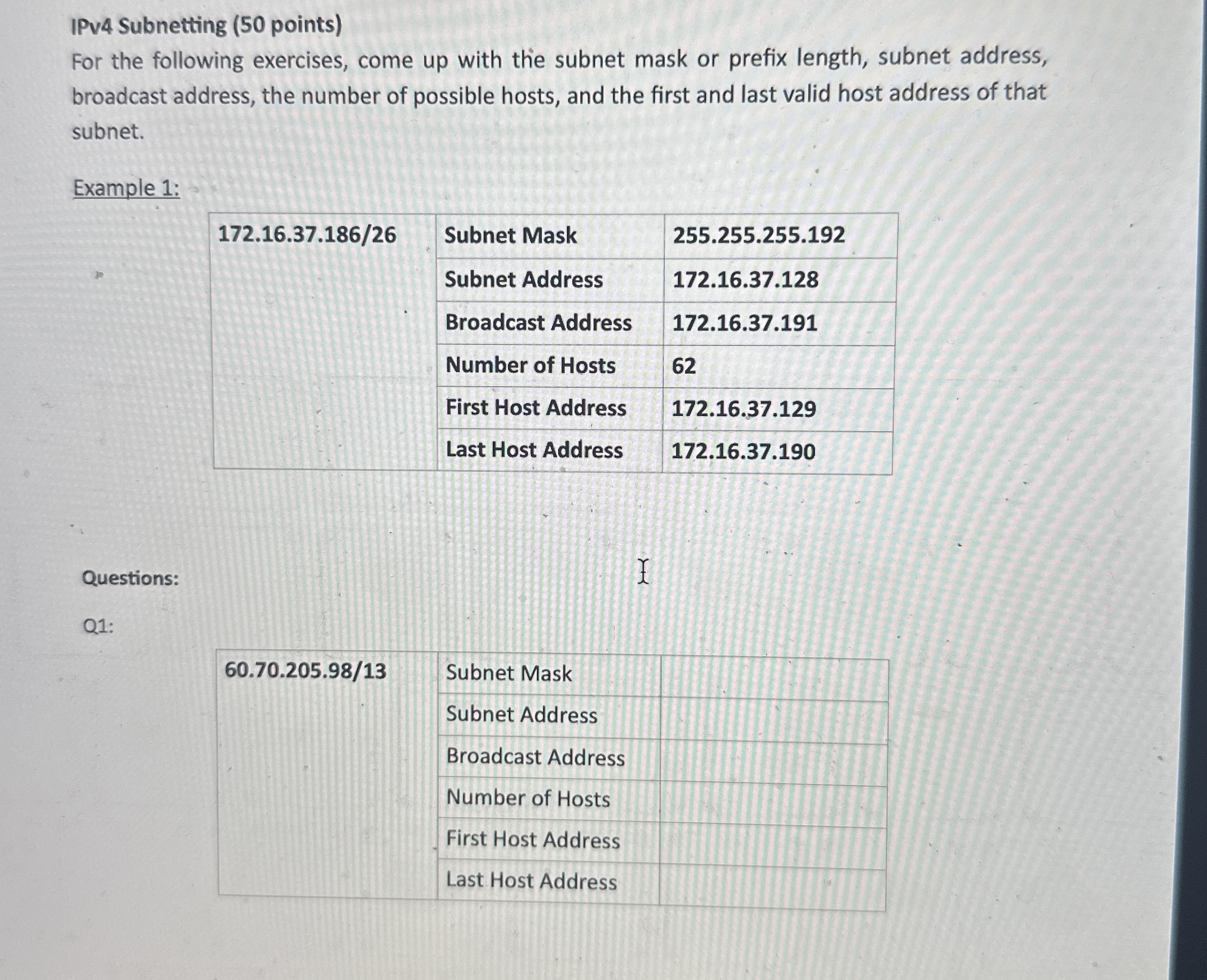 Solved IPv4 ﻿Subnetting ( 50 ﻿points)For the following | Chegg.com