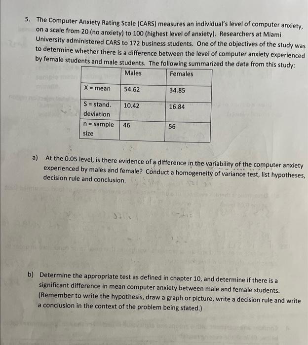 Solved 5. The Computer Anxiety Rating Scale (CARS) measures | Chegg.com