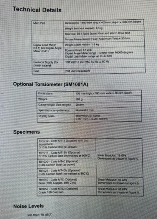 Solved Technical Details Optional Torsiometer (SM1001A) | Chegg.com