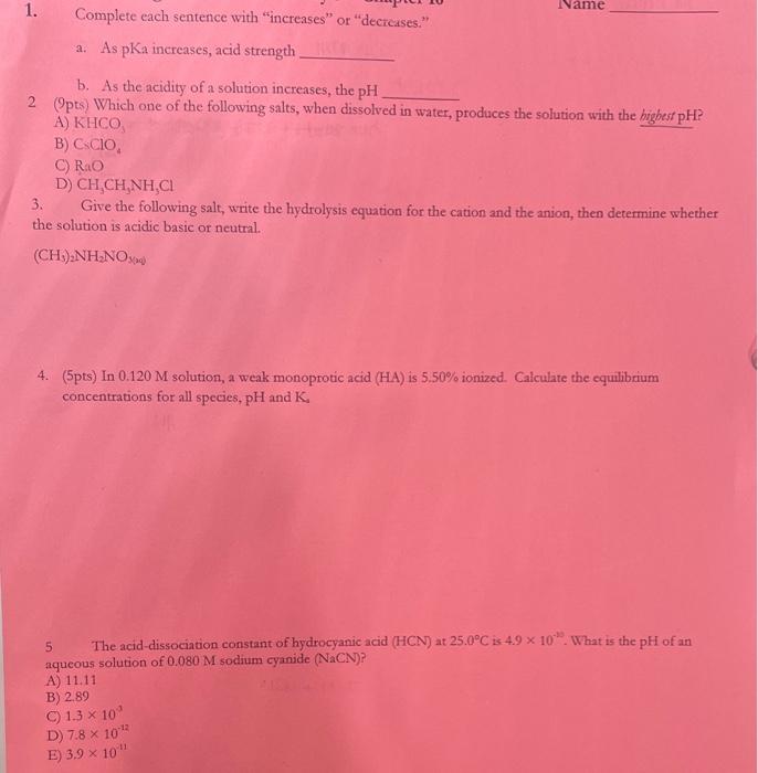 Solved 1. Complete each sentence with "increases" or | Chegg.com