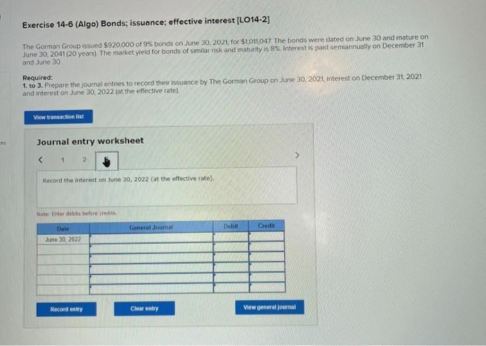 Solved Exercise 14-6 (Algo) Bonds; issuance; effective | Chegg.com