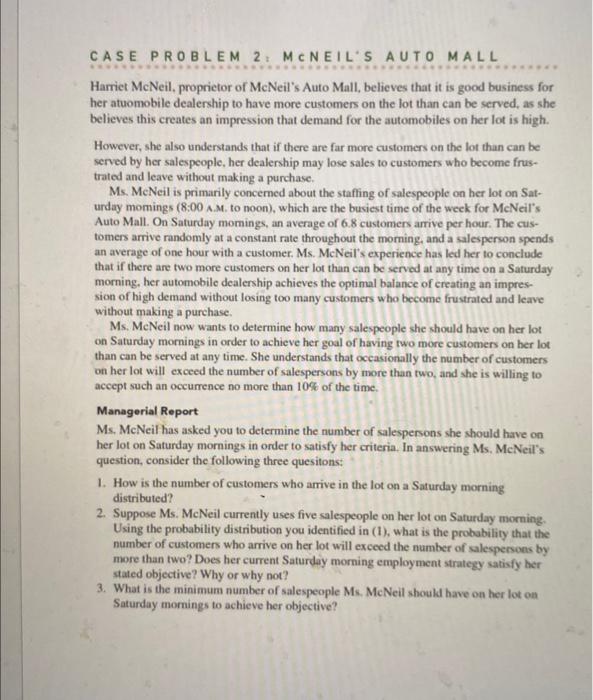 Solved CASE PROBLEM 2: MCNEIL'S AUTO MALL Harriet McNeil, | Chegg.com