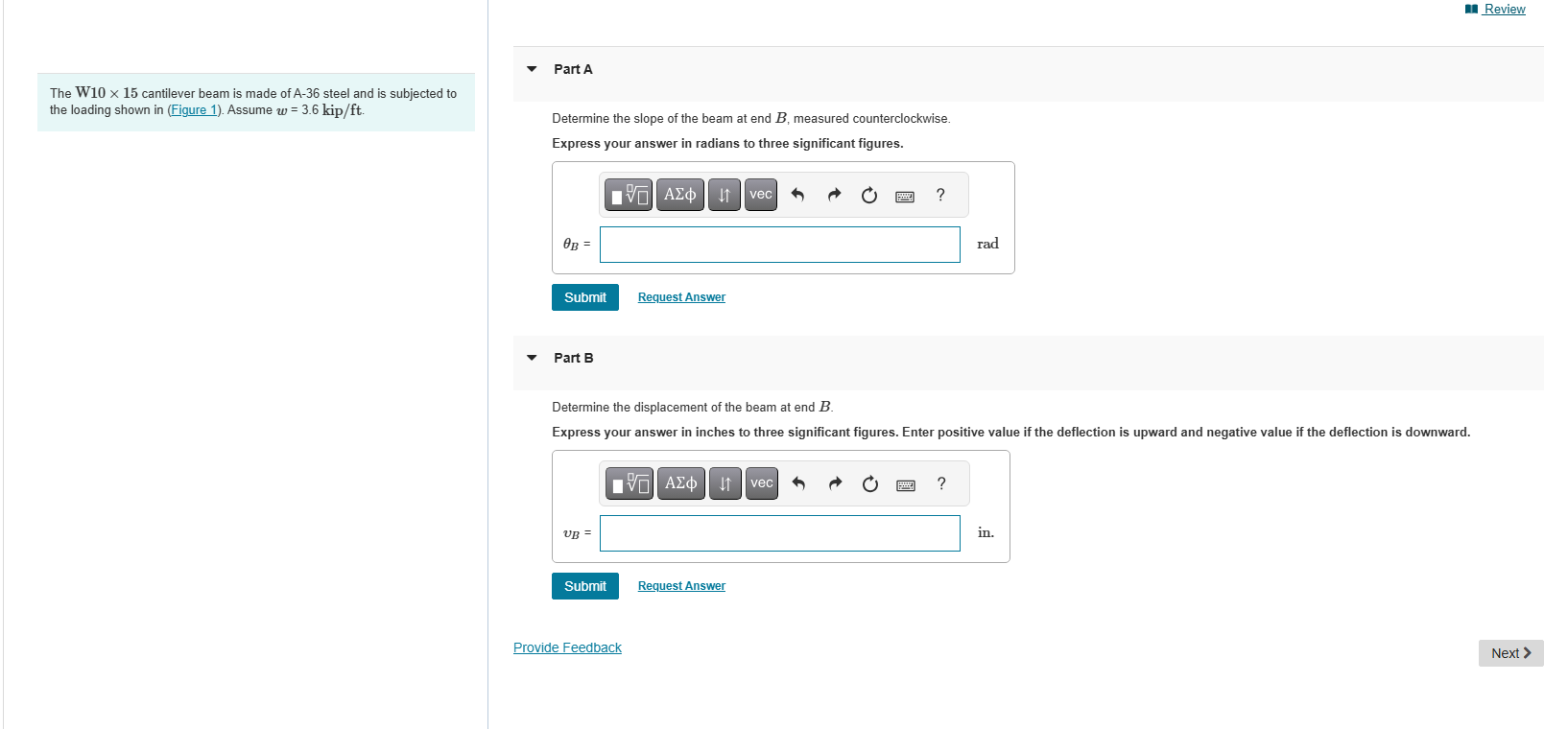 Solved Part AThe W10×15 ﻿cantilever beam is ﻿made of A-36 | Chegg.com