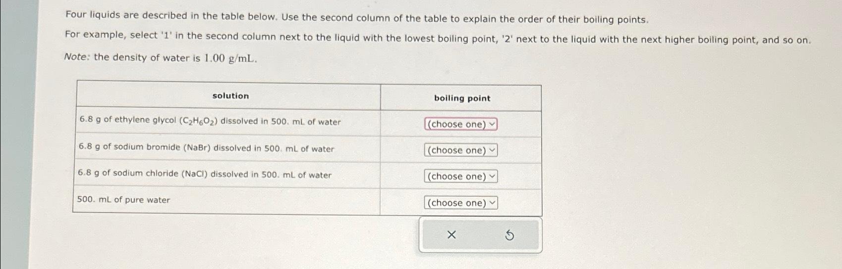 Solved Four liquids are described in the table below. Use | Chegg.com