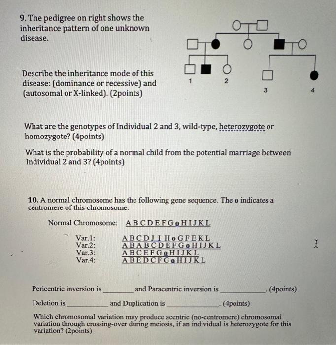 Solved 9. The pedigree on right shows the inheritance | Chegg.com