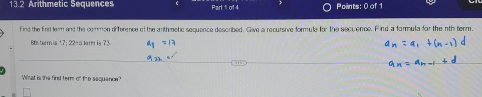 Solved 13.2 ﻿Arithmetic SequencesPart 1 ﻿of 4Points: 0 ﻿of | Chegg.com