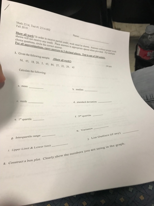 Solved Math 2314, Test #1 2314-002 Fall 2019 Show all work! | Chegg.com